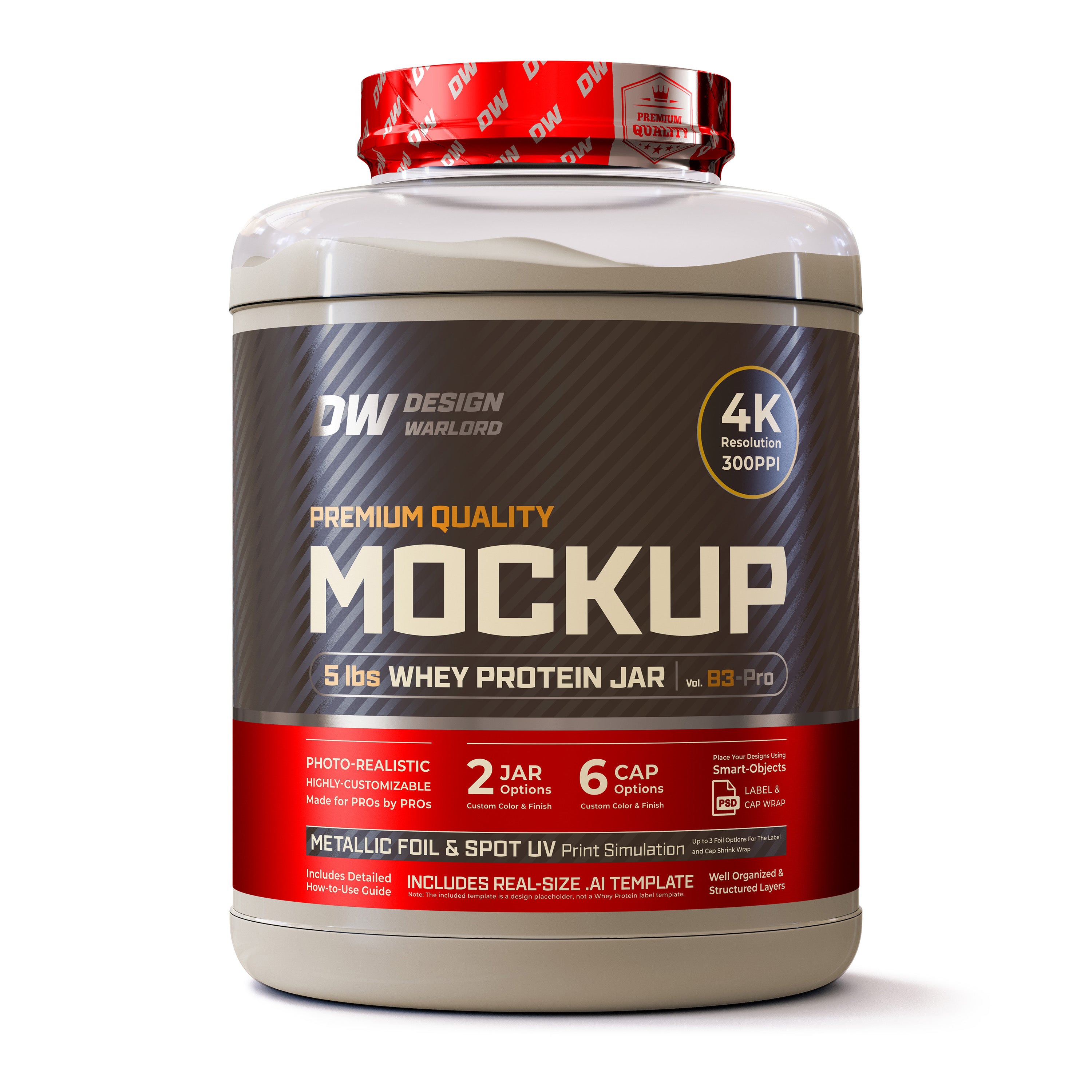 Mockup: 5lb Whey Protein Jar (Clear Plastic) - Design Warlord